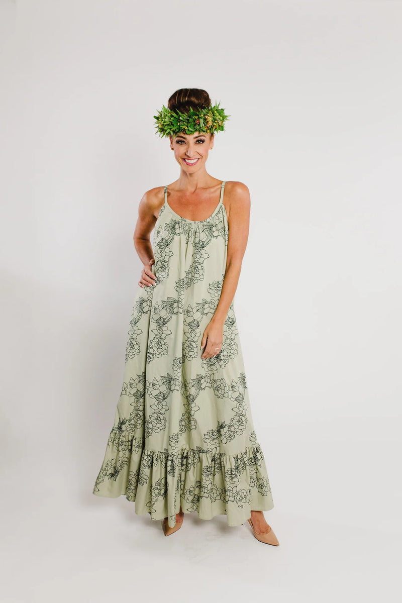 Gardenia Print Maxi Dress in Hunter on Parsley Combed Japanese Cotton ...
